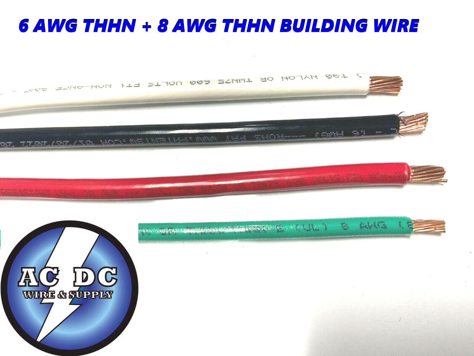60' EA THHN THWN 6 AWG GAUGE BLACK WHITE RED COPPER WIRE + 60 8 AWG GR ...